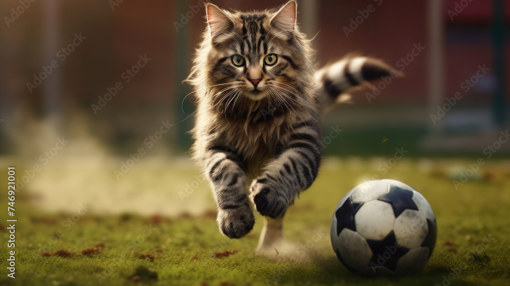 Cute Kitty Cat Playing Football by dribbling the ball on the grass ...