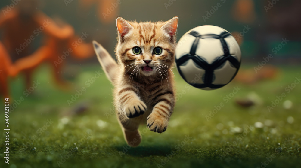 Cute Kitty Cat Playing Football by dribbling the ball on the grass ...