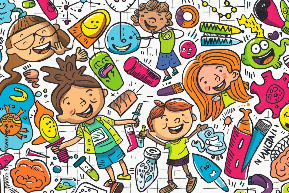 Cartoon cute doodles of kindergarten children participating in a ...