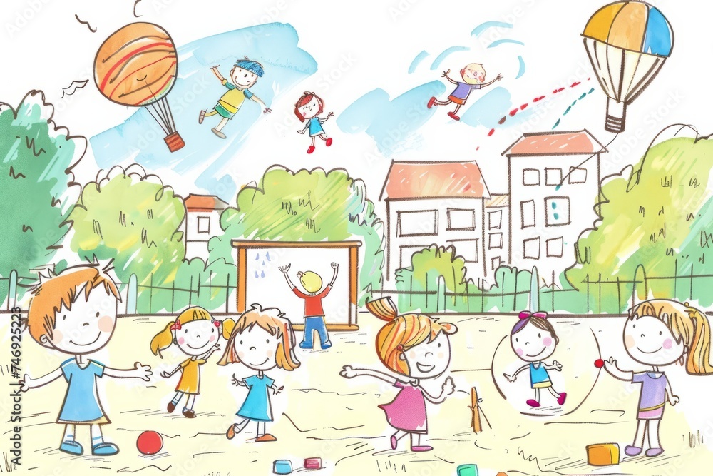 Cartoon cute doodles of kids playing and socializing with their friends ...