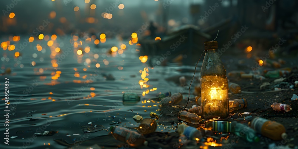 Trash visible in ocean polluted by waste floating in illuminated waters ...