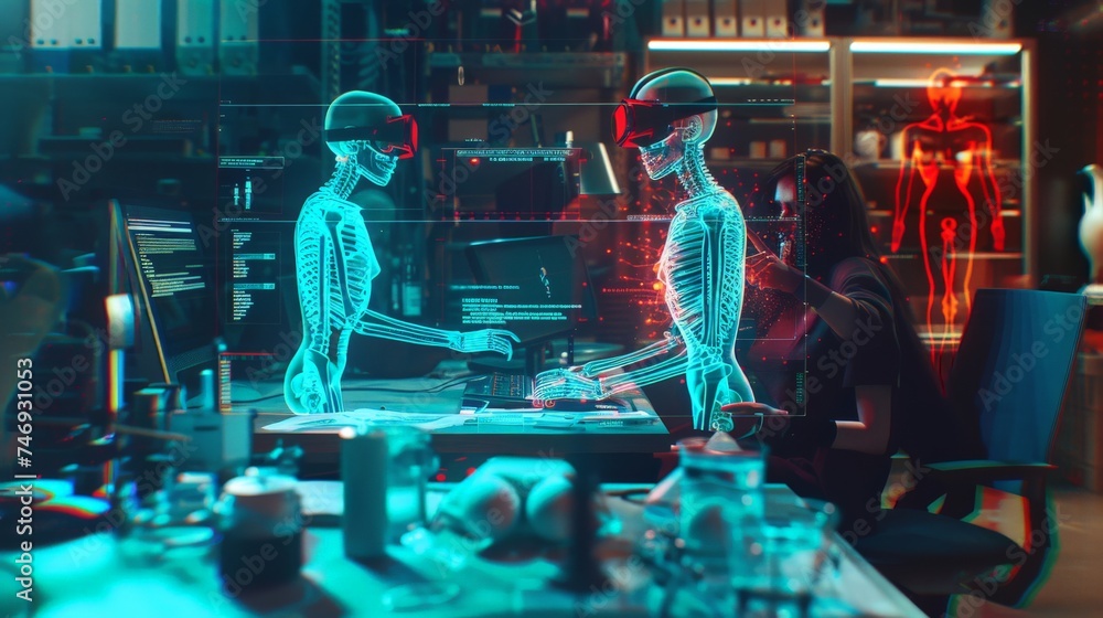 Two Bioengineers Working With Computer-Powered VFX Hologram Of Human ...