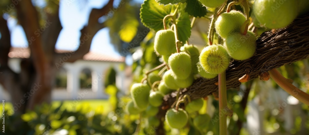 A cluster of green kiwifruit, also known as Chinese gooseberry, hangs from a tree in an Italian ...