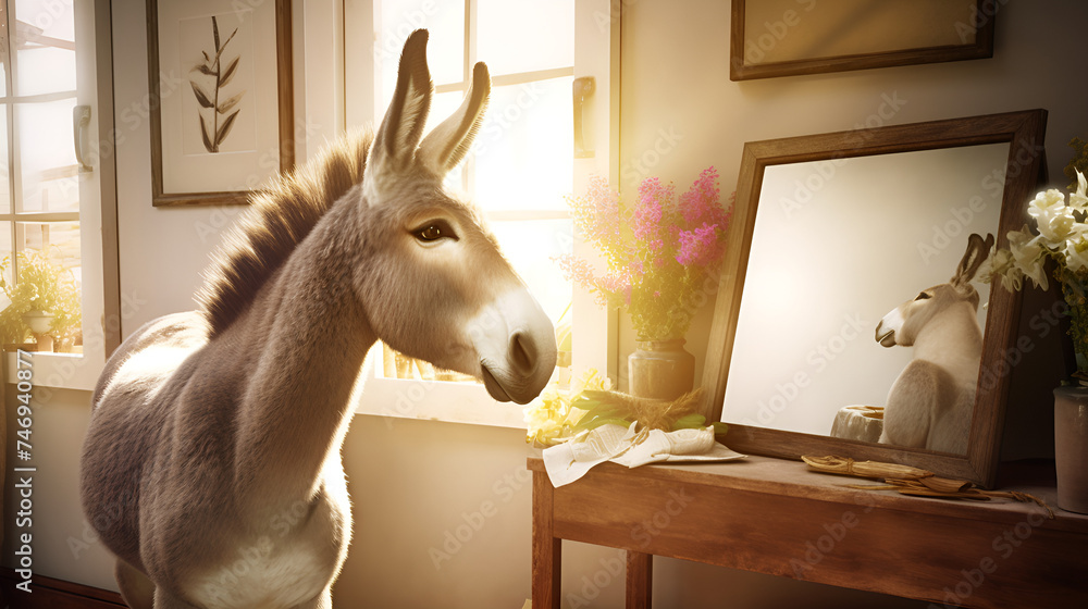 donkey looking itself in the mirror near the window flowers in the vase ...