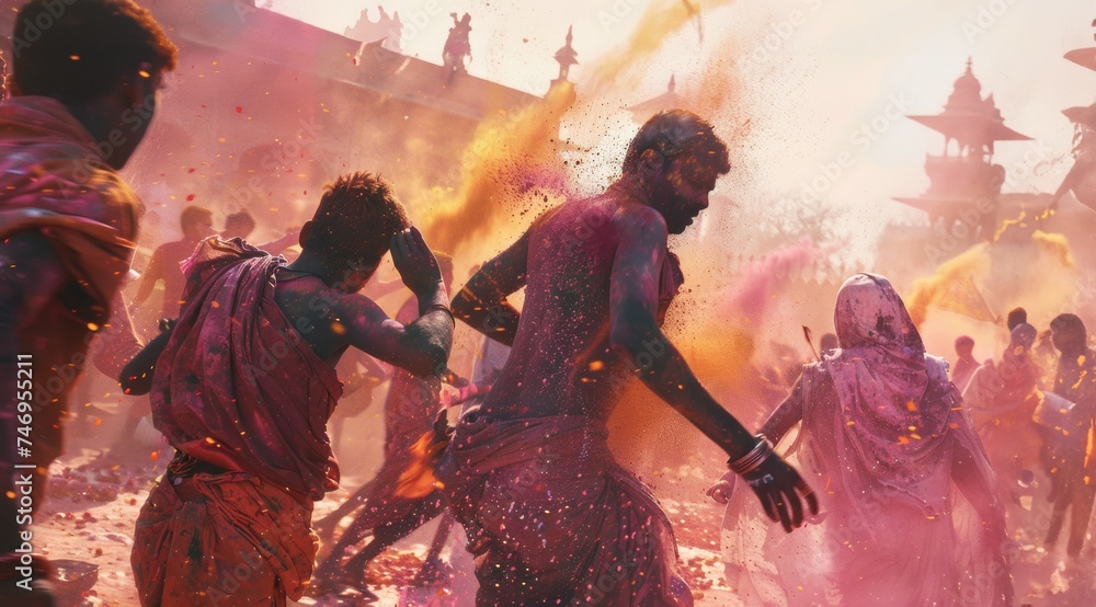 Holi festival in India, people celebrating holi in Indian street ...