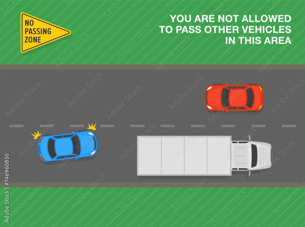 Safe driving tips and traffic regulation rules. Top view of a blue ...