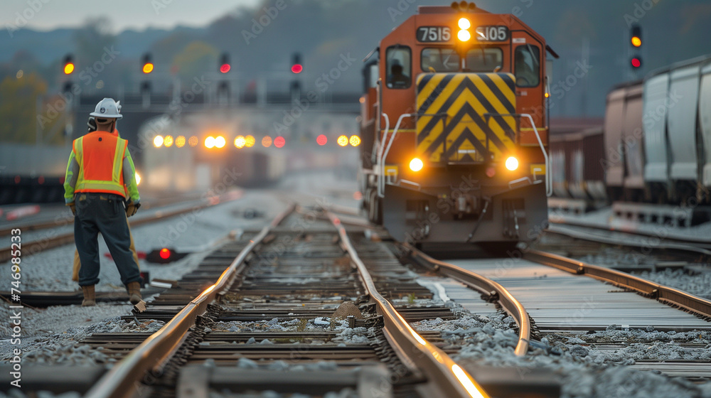 Train yard operations. Worker getting ready to couple cars to the ...