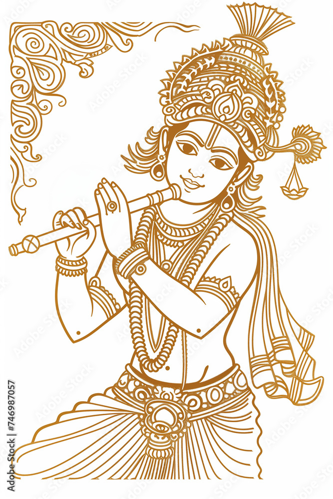 Illustration of Lord Krishna Playing Flute in Linear Art Style ...