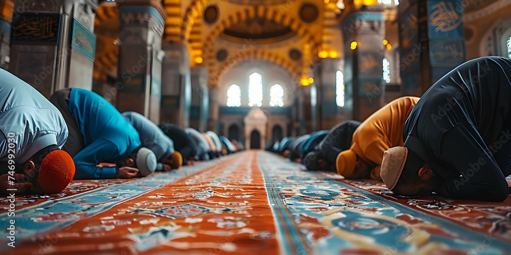 Muslims gather for prayers in a mosque during the holy month. Concept ...