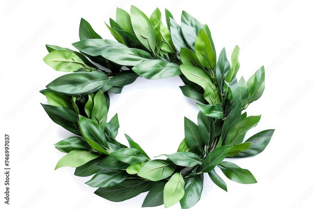 An isolated laurel wreath created from fresh branches of bay leaves ...
