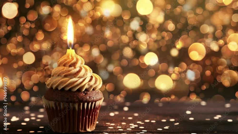 delicious birthday cupcake with burning candle. cupcake with blurred ...