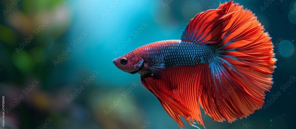 An electric blue betta fish with azure fins is gracefully swimming in ...
