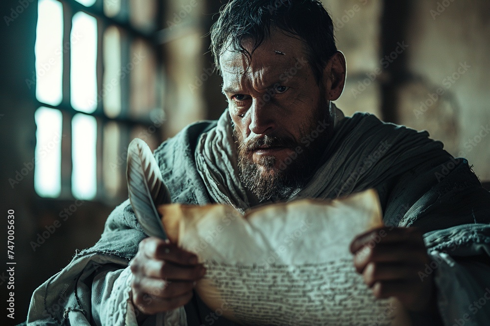 Apostle Paul writing in parchment scroll inspired by the Holy Spirit ...