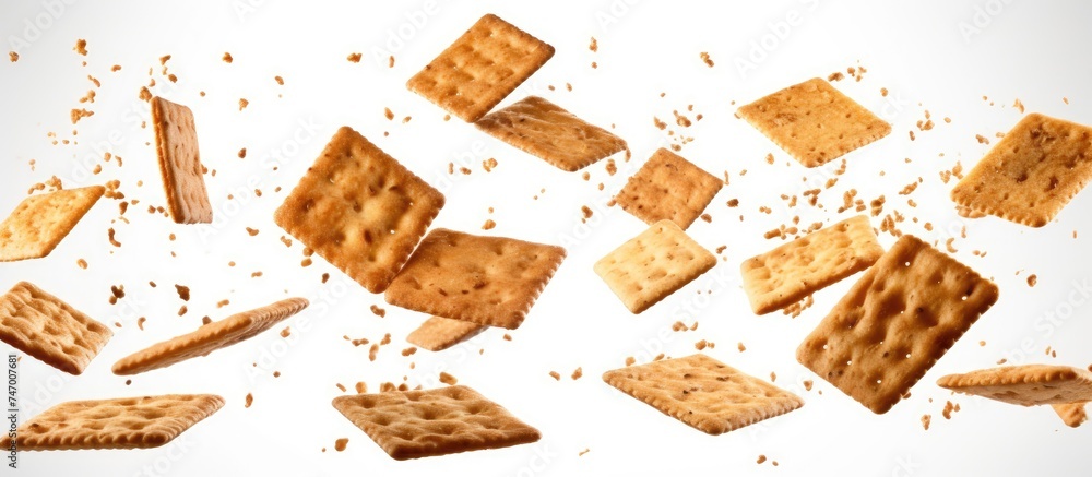 A burst of crunchy rectangular crackers is seen flying into the air ...