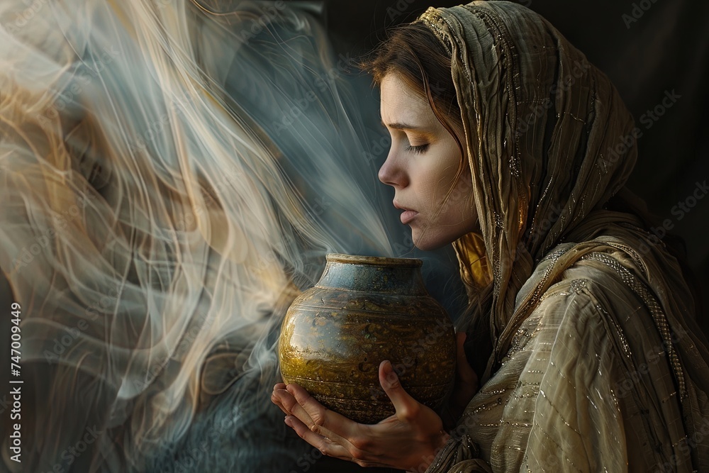 Mary Magdalene with an alabaster jar, biblical character. Stock Photo ...