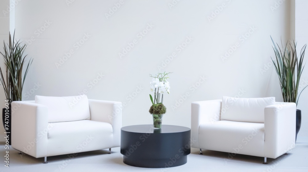 event space at a conference, 2 modern sofas and a low level table ...