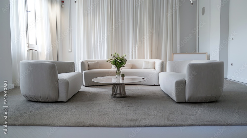 event space at a conference, 2 modern sofas and a low level table ...