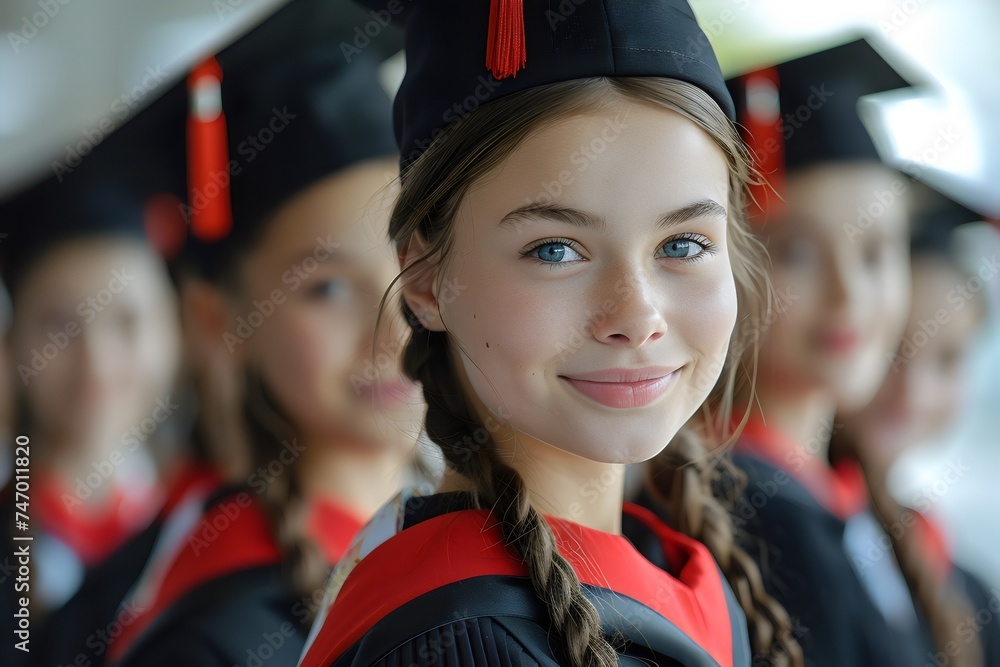 Estudiante graduada. Chica sonriendo alegre, peinada con trenzas ...