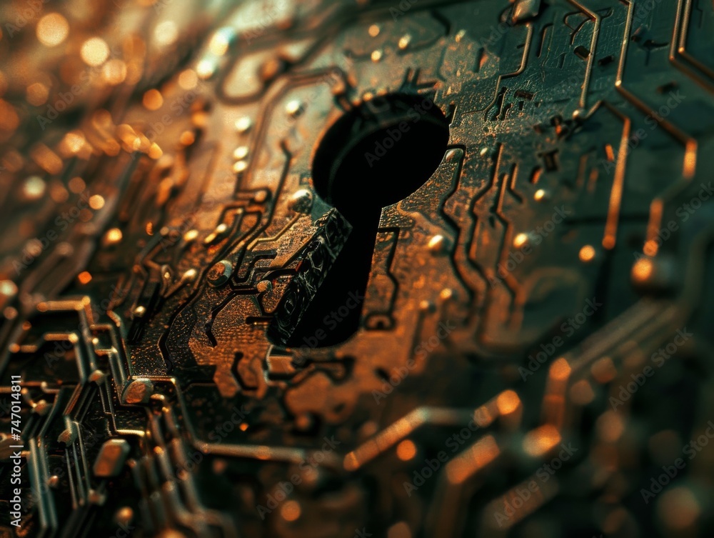 3D keyhole with cyber hacking and nano tech, close-up, depicted in a ...