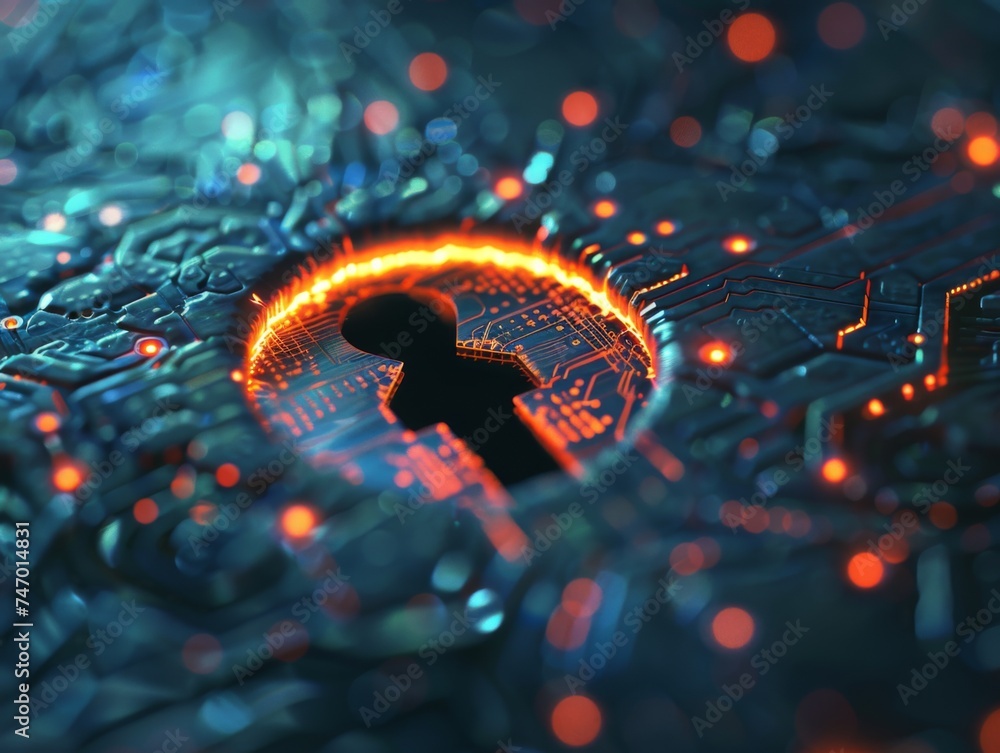 3D keyhole with cyber hacking and nano tech, close-up, depicted in a ...