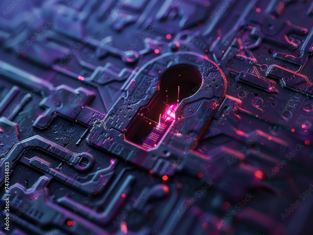 3D keyhole with cyber hacking and nano tech, close-up, depicted in a ...