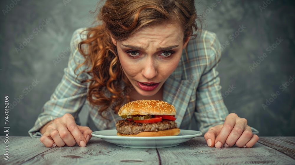 Attractive woman holding giant burgers in hand. Comically, food ...