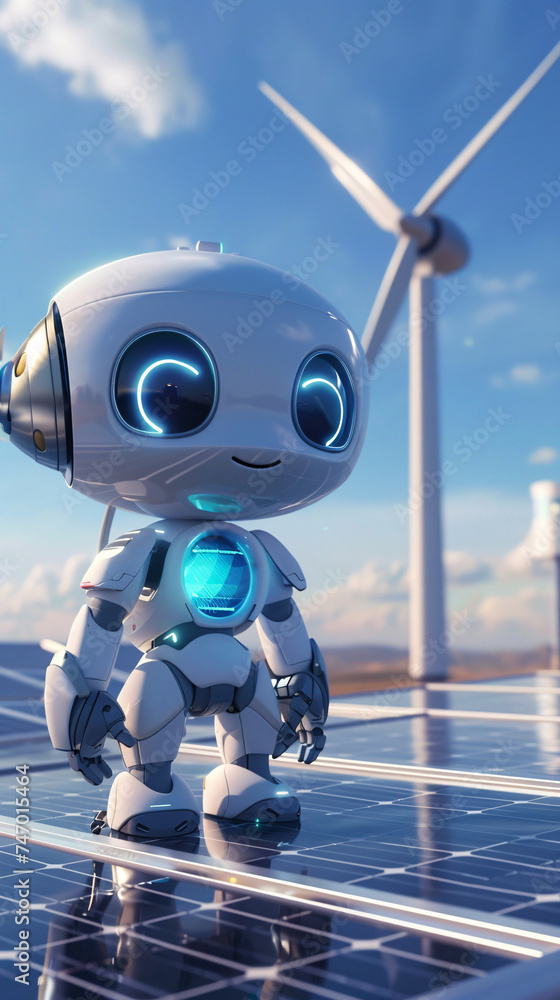 Friendly AI mascot illustrated with solar panels and wind turbines ...
