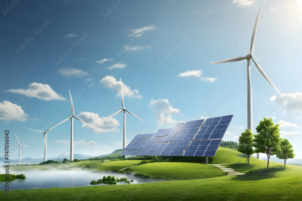 Renewable energy sources, including solar panels and wind turbines ...