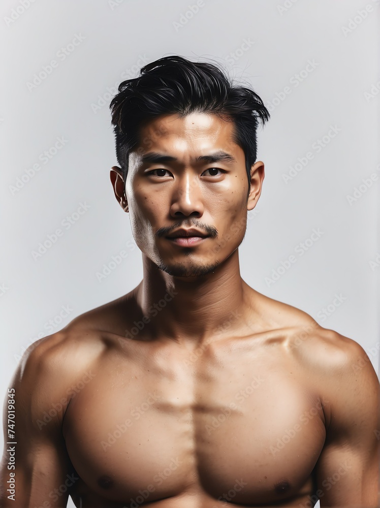 Portrait of a shirtless muscular upper body of handsome asian male ...
