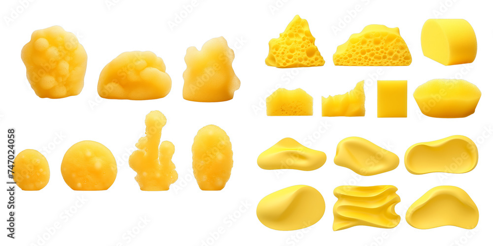 Collection of yellow bubble foam isolated on a white background as ...