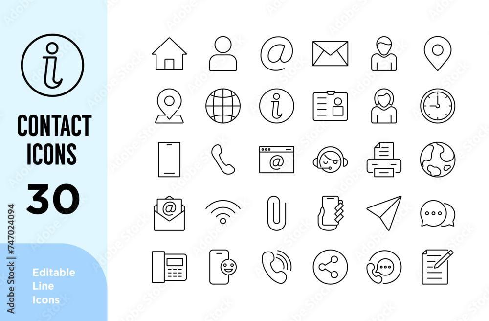 Contact Line Editable Icons set. messages, people, pin,phone, calls ...