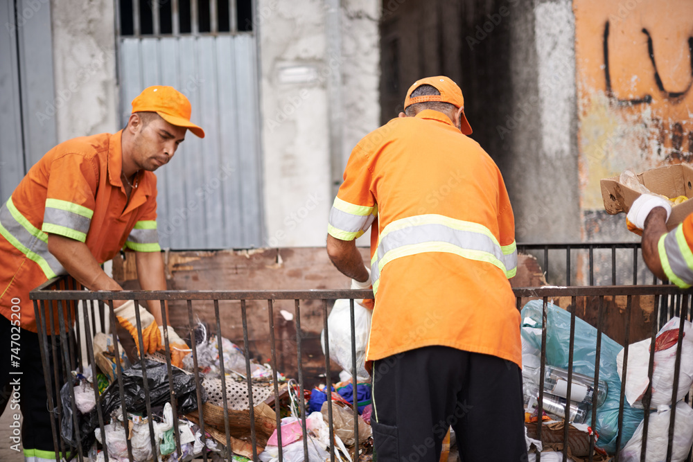 Waste, people and workers for municipal cleaning garbage on streets of ...