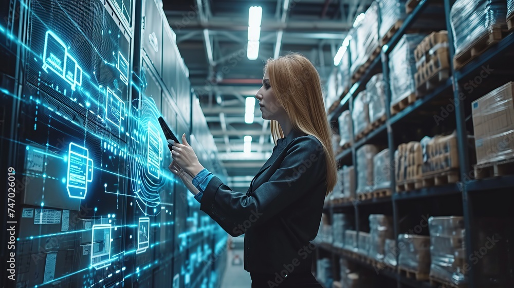 Futuristic Technology Warehouse Concept: Female Worker Doing Inventory ...