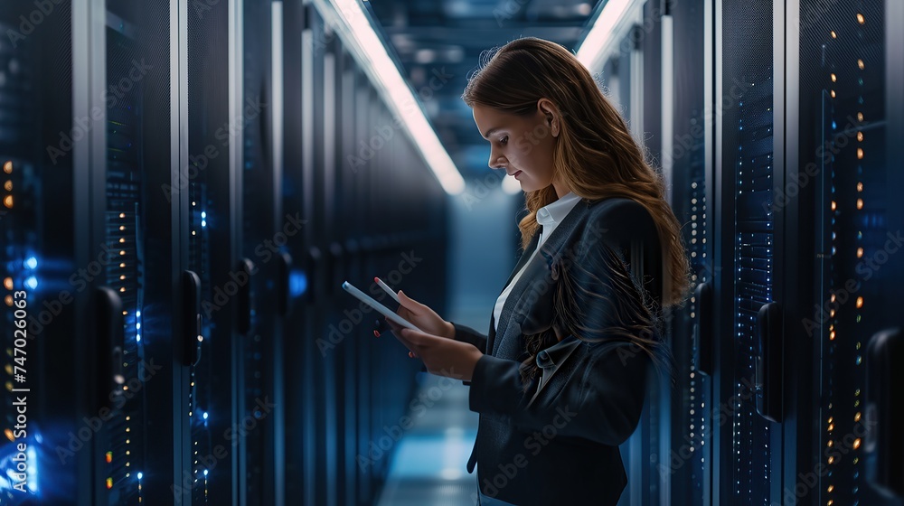 Female IT Specialist Uses Tablet in Data Center. Server Farm Cloud ...