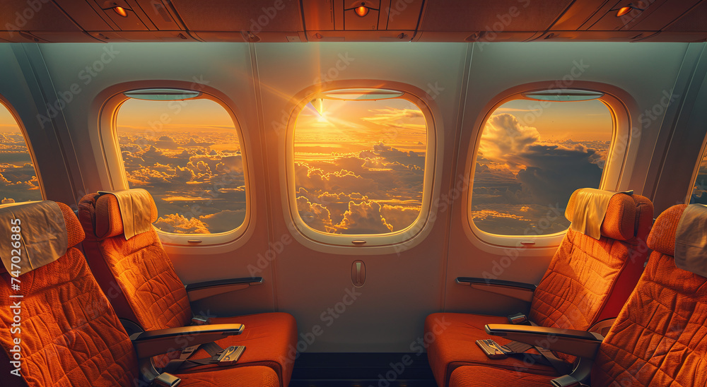 Airplane cabin interior with empty seats and a view of a stunning ...