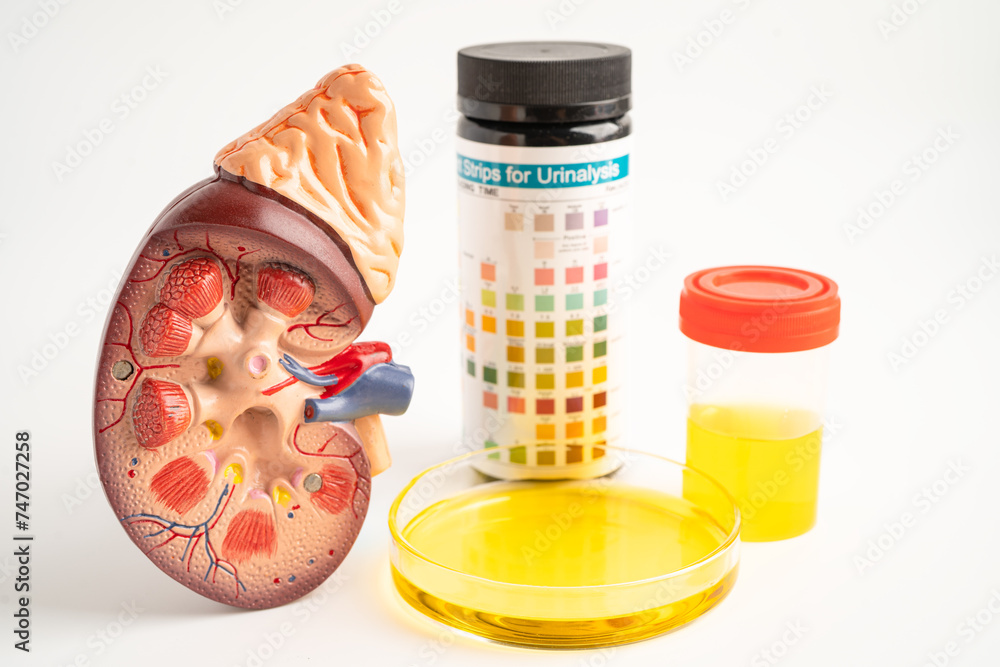 Urinalysis, Kidney model and urine cup with reagent strip pH paper test ...