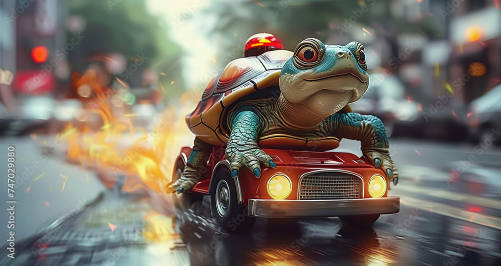Fantasy illustration of a frog driving a miniature vintage car with ...