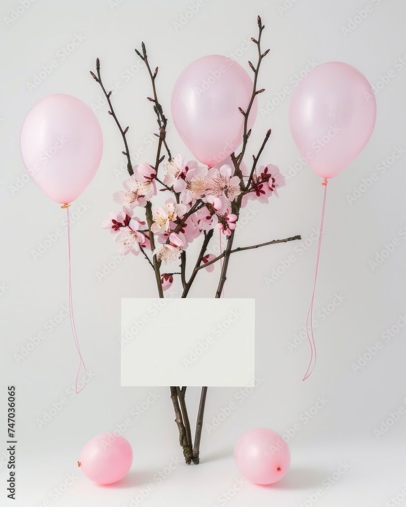 Elegant and playful arrangement of pink balloons tied to cherry blossom ...