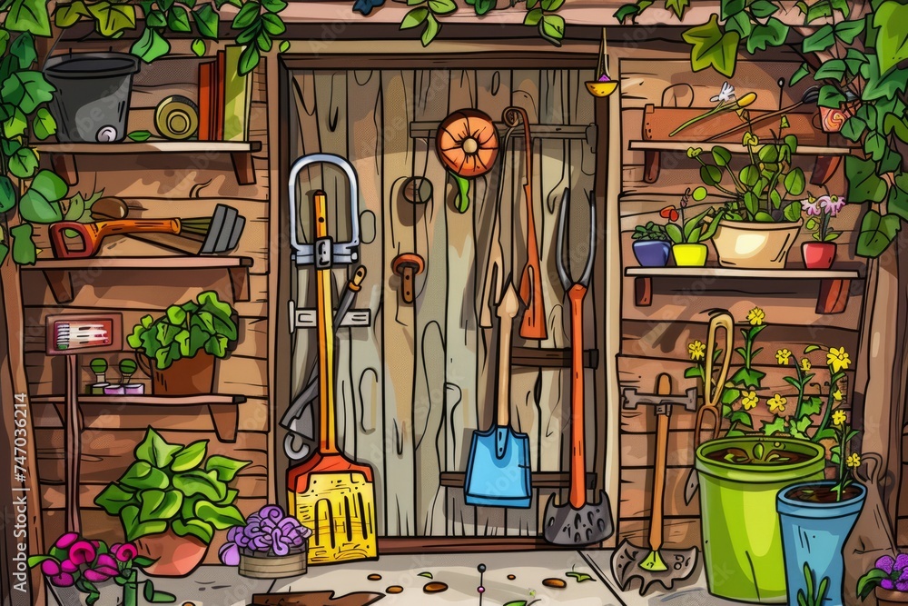 Cartoon cute doodles of a garden shed filled with tools and supplies ...