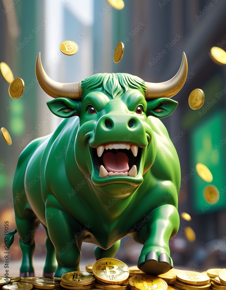 In an urban canyon of skyscrapers, a green bull proudly stands over ...