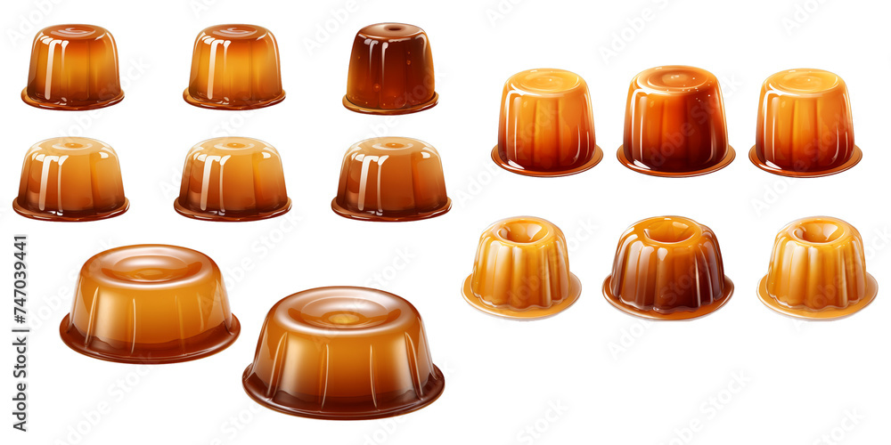 Collection of brown jelly pudding isolated on a white background as ...