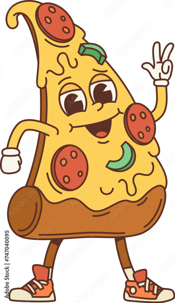Cartoon pizza slice groovy character. Isolated vector fast food ...