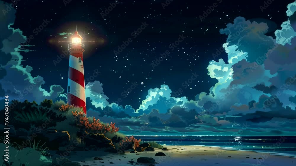 Lighthouse on the beach at night. seamless looping 4k time-lapse ...