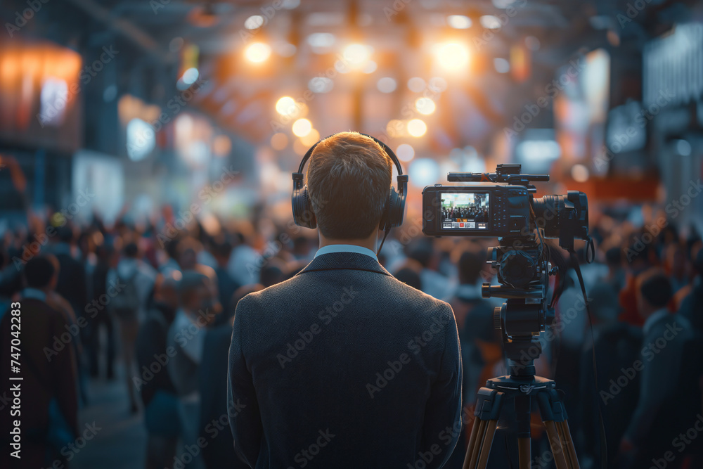Smiling reporter holding microphone on city street Filming Sunset ...