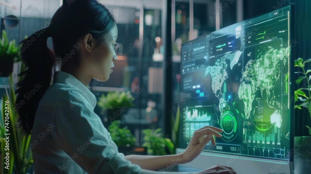 Analyzing Global Data Trends: A Professional Woman Interacts with Advanced Digital Interface for ...