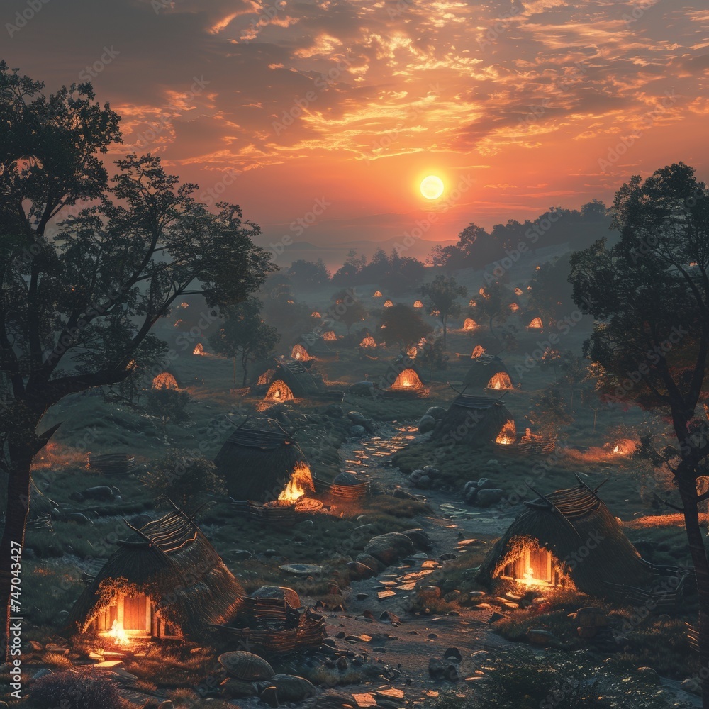 Copper Age village at dawn, the glow of early metallurgy igniting ...