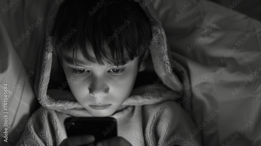 A young boy is intently looking at a smartphone screen symbolizing the ...