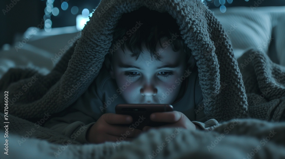 A young boy is intently looking at a smartphone screen symbolizing the ...