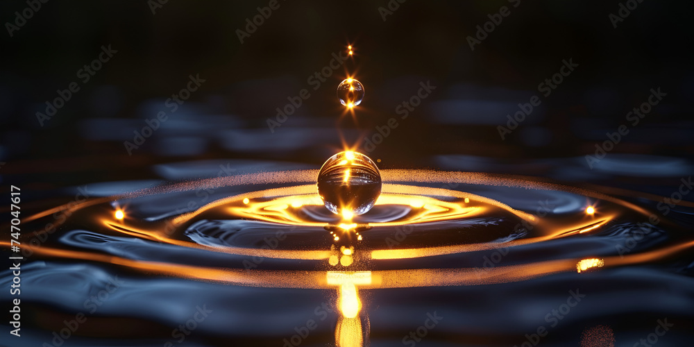 A single water droplet falling into a pool creating a dramatic ripple ...