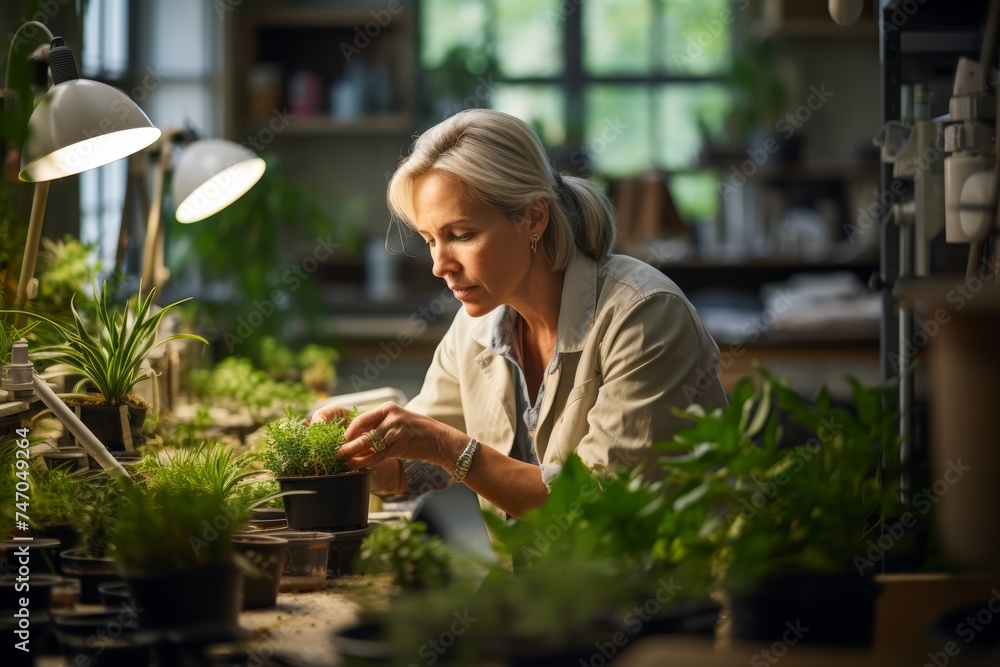 Portrait photograph of a female agronomist in her early 50s, examining ...